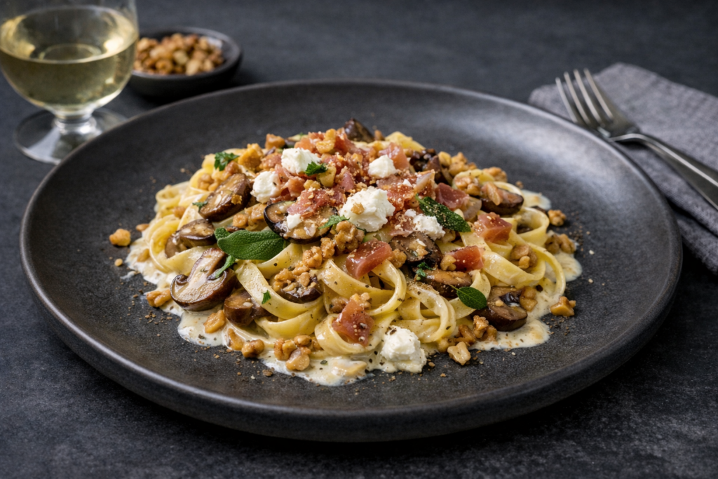 Tagliatelle mit Pilzen, Walnüssen und Burrata - Fine Dining & Travel ...
